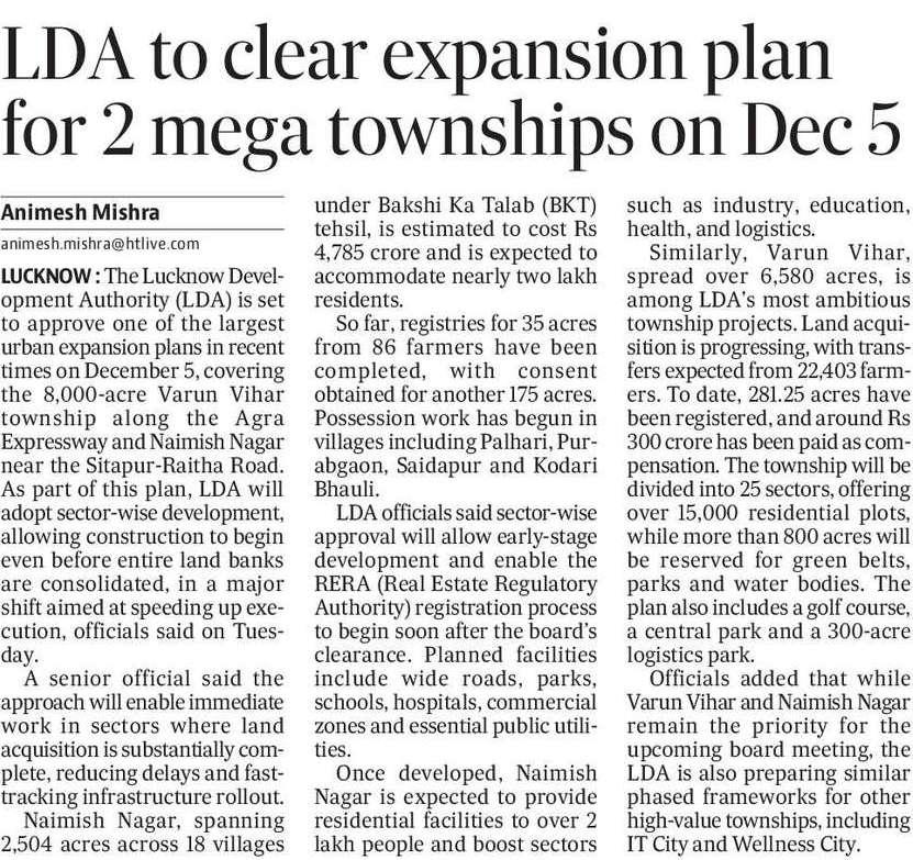 LDA to clear expansion plan for 2 mega townships on Dec 5 – Lucknow ...